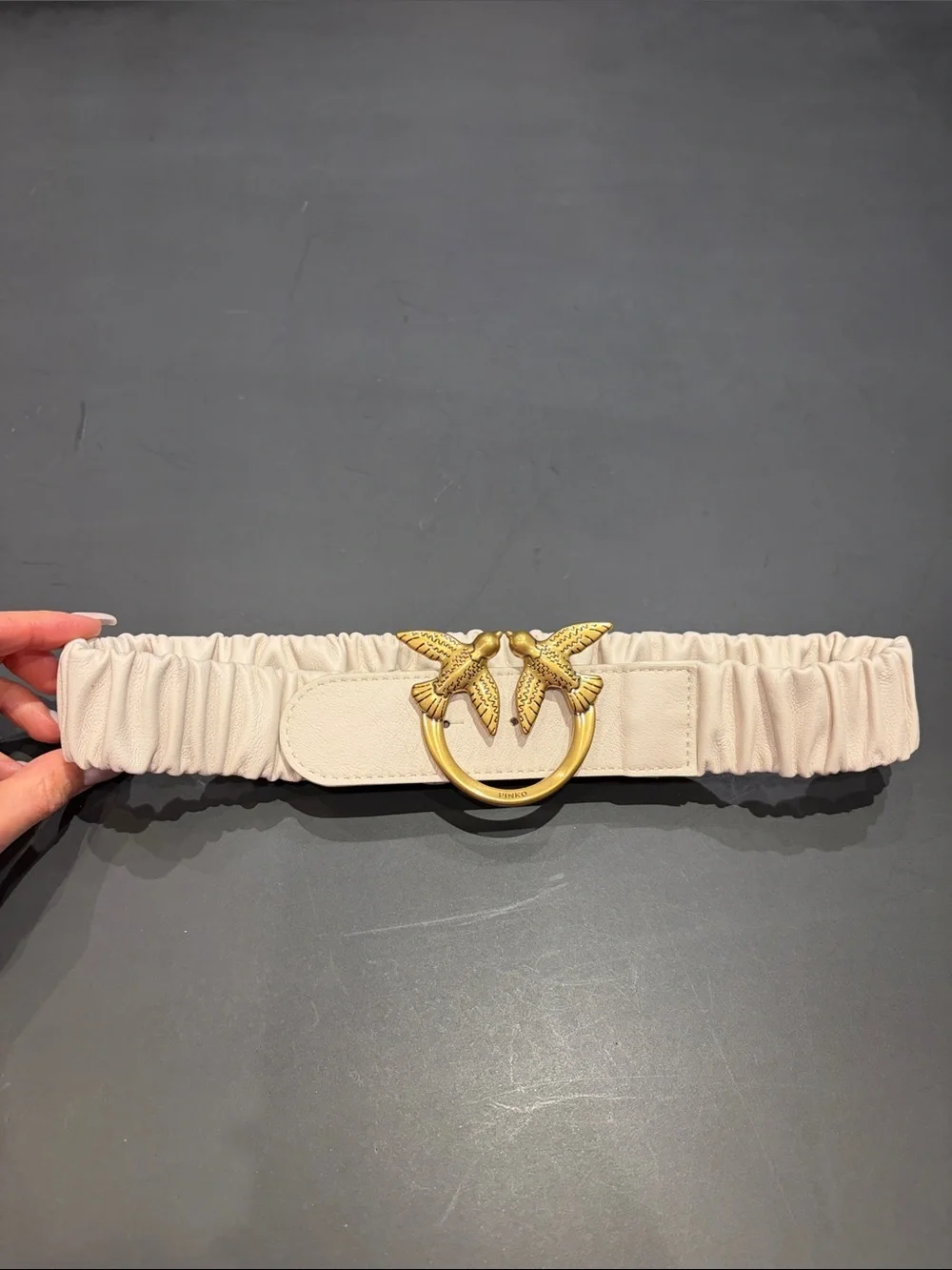 Pinko | Accessories | Pinko Cream Elastic Belt With Gold Bird Buckle ...